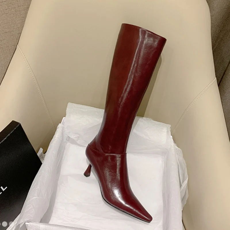 Sexy-Wine-Solid-Red-Knee-high-Boots-Pointed-Toe-Kitten-High-Heel-Side ...