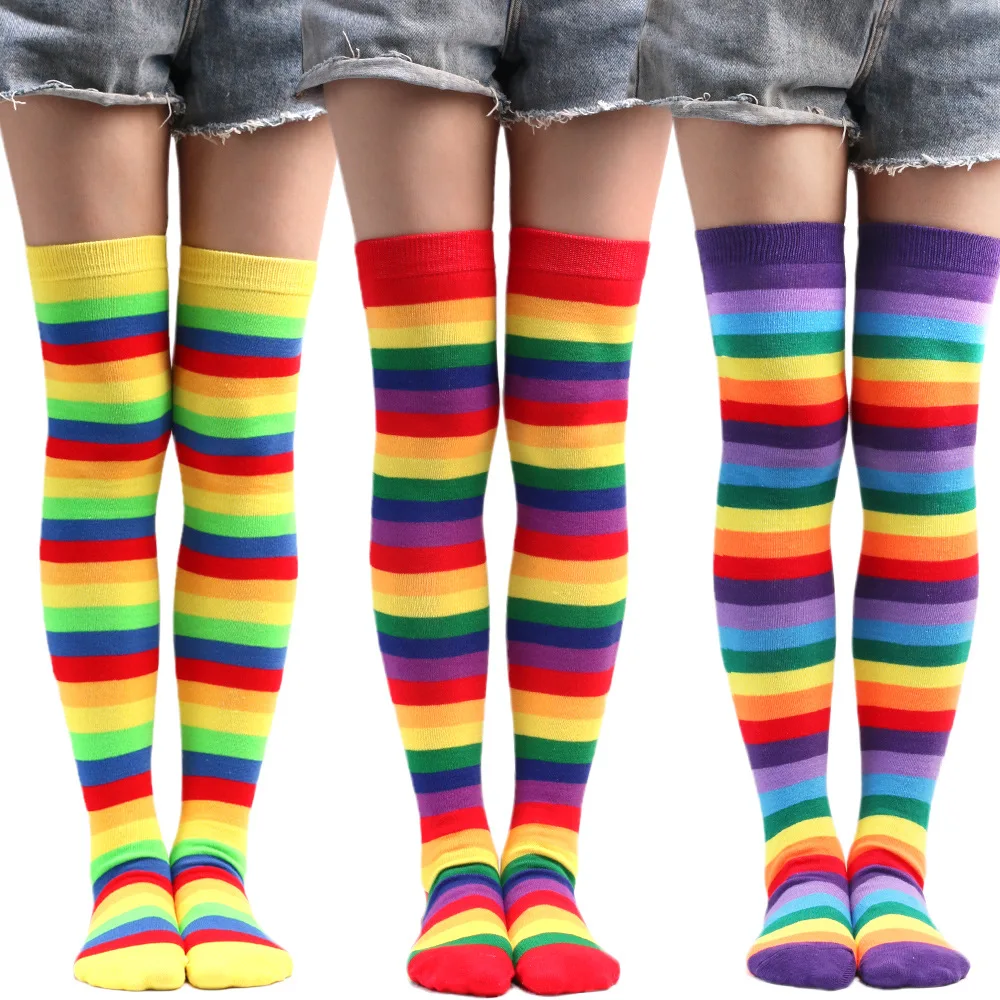 Women Thigh High Mixed Colored Stockings Rainbow Ladies Striped Long ...