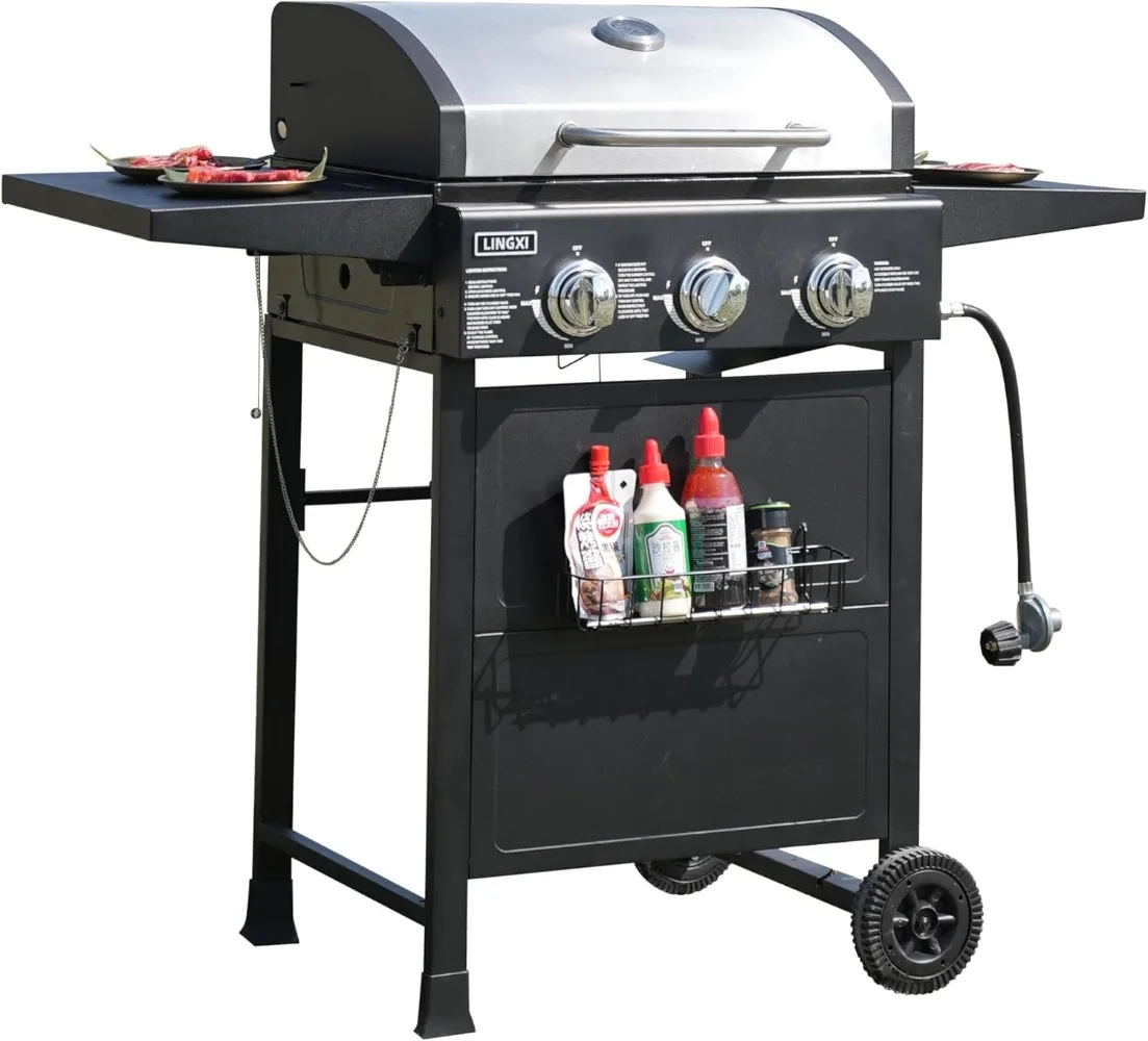 grill gas 3-Burner Propane Grill, Gas Grill with front hanging basket ...