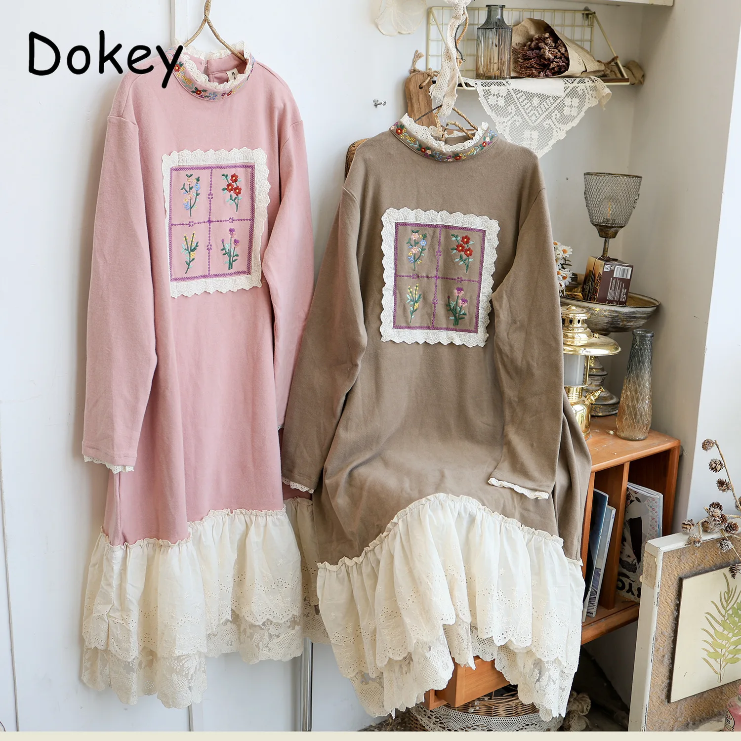 Vintage-Embroidery-Lace-Patchwork-Sweatshirt-Dress-Women-Autumn-Winter ...