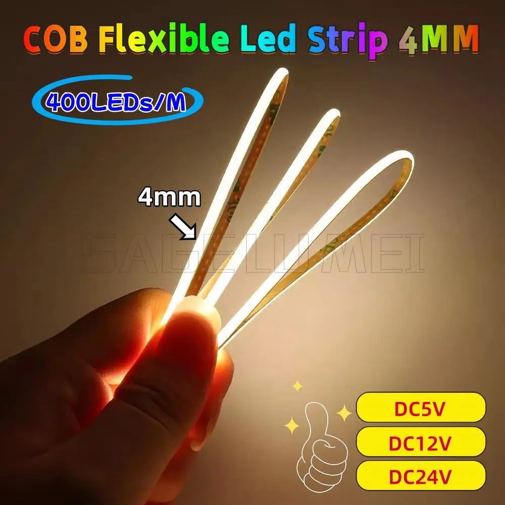 Narrow 4MM 400Leds/m DC5-12-24 Volt 10W/M Cuttable COB Flex LED Strip ...