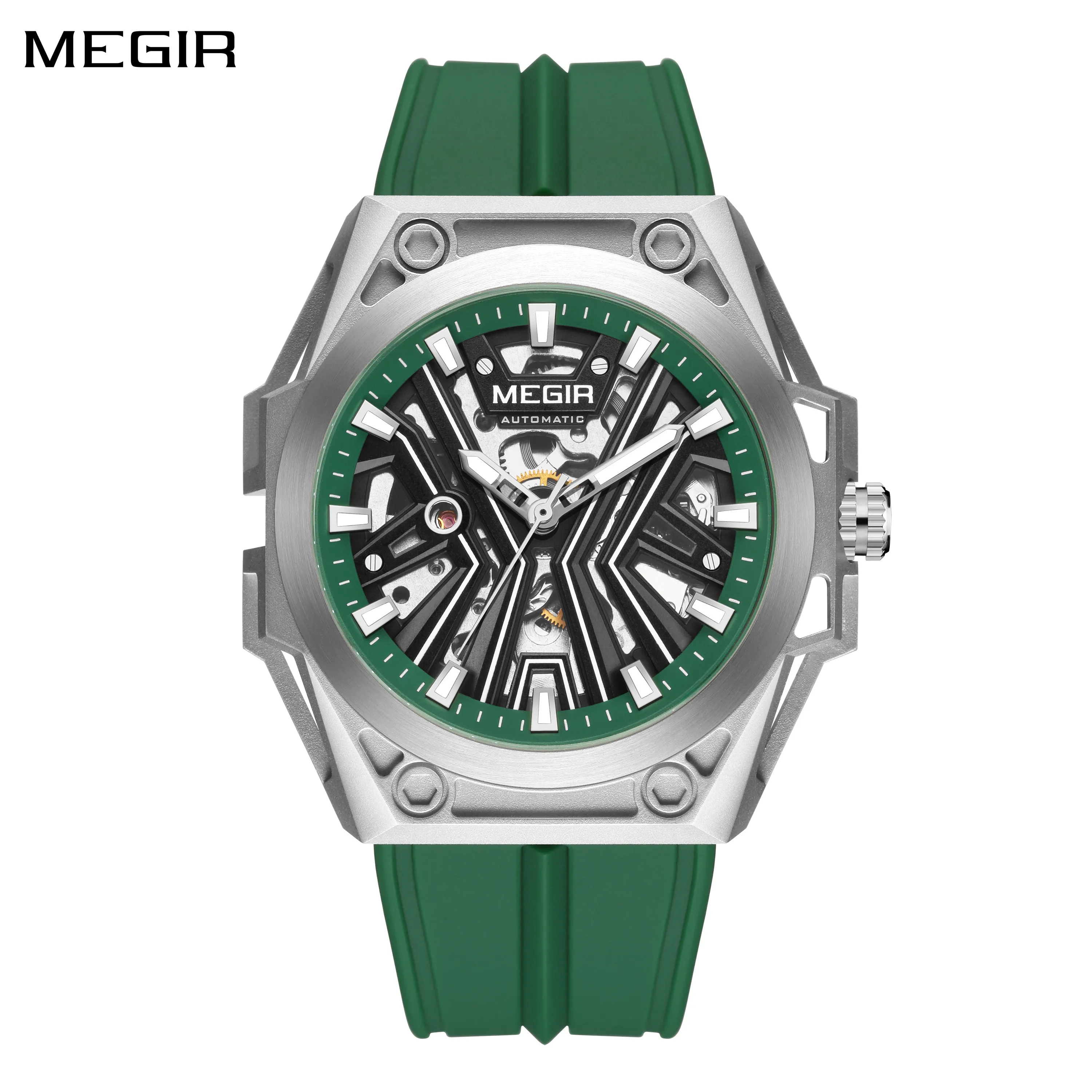 MEGIR New Stainless Steel Case Skeleton Mechanical Watch Waterproof ...