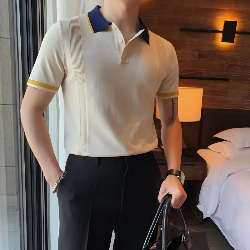 Korean Trendy Lapel High-end Fashion Simple Knit Polo Shirt Men's ...