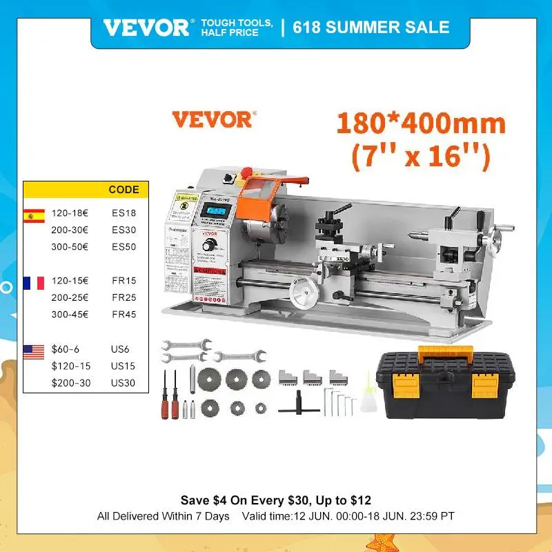 VEVOR Brushless Mini Metal Lathe Machine 7''x16'' / 180mm*400mm 800W ...