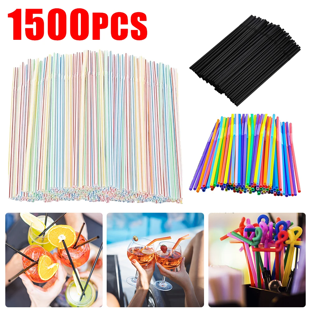 100-1500PCS-Drinking-Straw-Flexible-Plastic-Straws-Colourful-Drinking ...