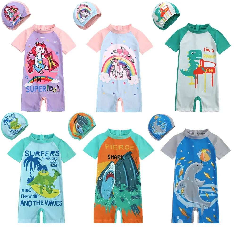 Summer Kids Boys Girls Swimsuit 2pcs Children Swimming Cap Print Swim ...