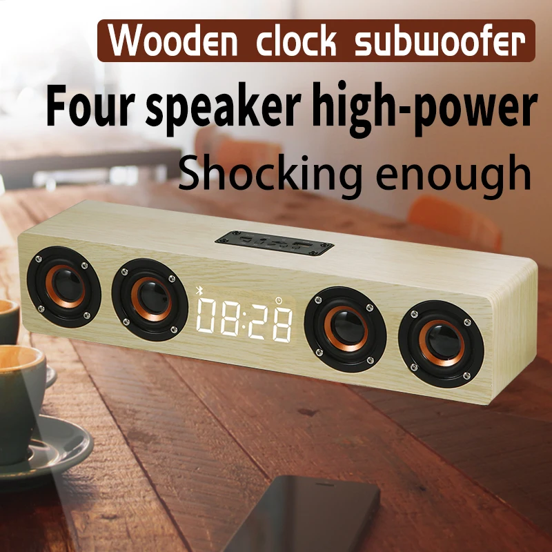 W8c-Wooden-FM-Wireless-Bluetooth-Speaker-Audio-Clock-Four-Speakers ...