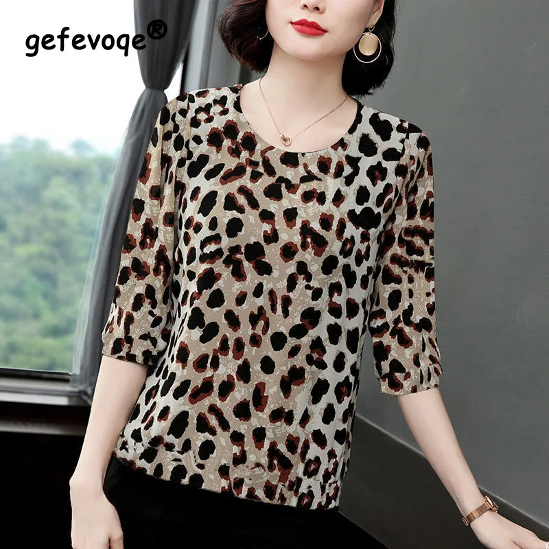 Tops vintage de manga 3/4 feminino, roupas da moda, estampado leopardo, gola redonda, pulôver ...