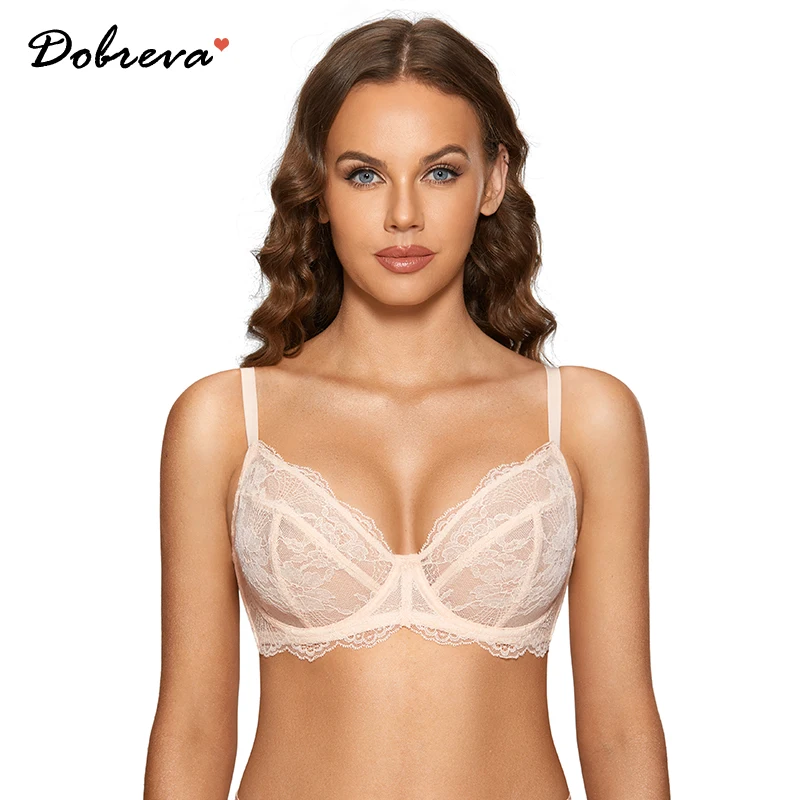 Dobreva Women's Floral Lace Bra See Through Plunge Sheer Bras Transparent Underwire Unlined Sexy ...