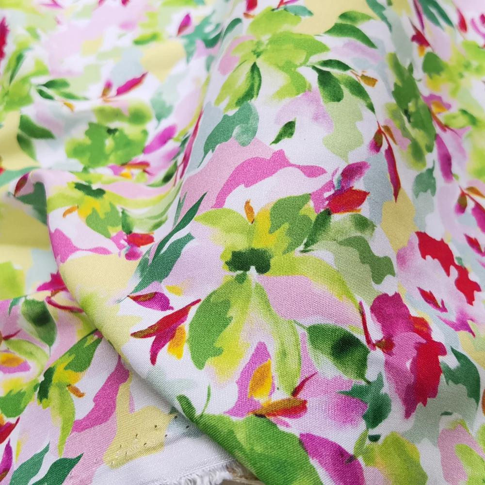 1 meter X 1.4 meter Pink Green Floral Dress Fabric Soft Viscose Poplin ...
