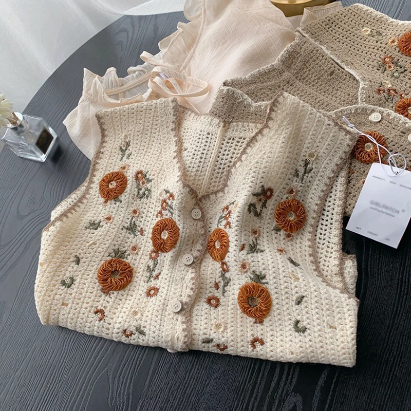 Pastoral Style Summer Autumn Women Vest Embroidery Vintage Knitted ...