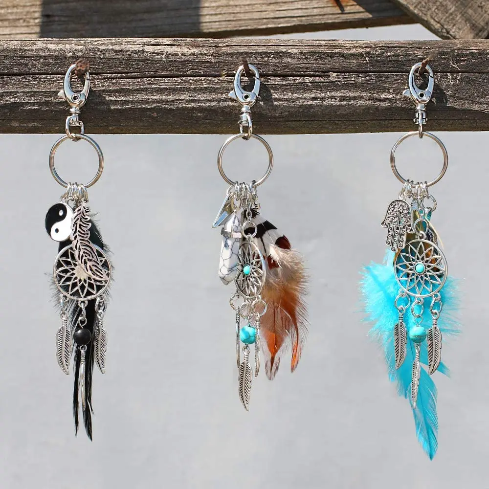 Mini-Dream-Catcher-Keychain-Hamsa-Hand-Crystal-Stone-Feather-Key-Chain ...