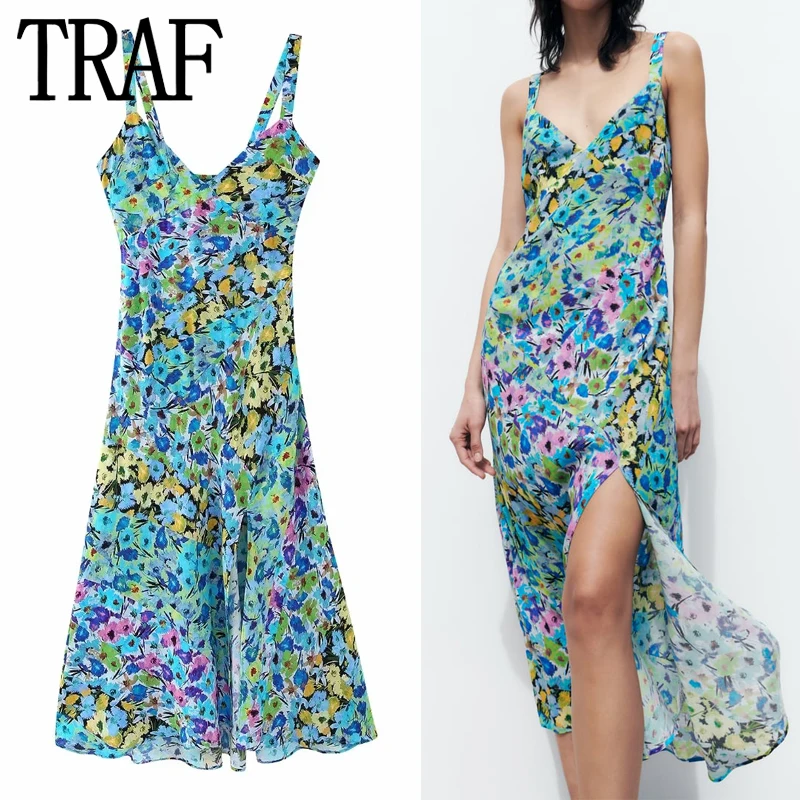 TRAF vestido Floral azul sin mangas para mujer, vestido largo playero ...