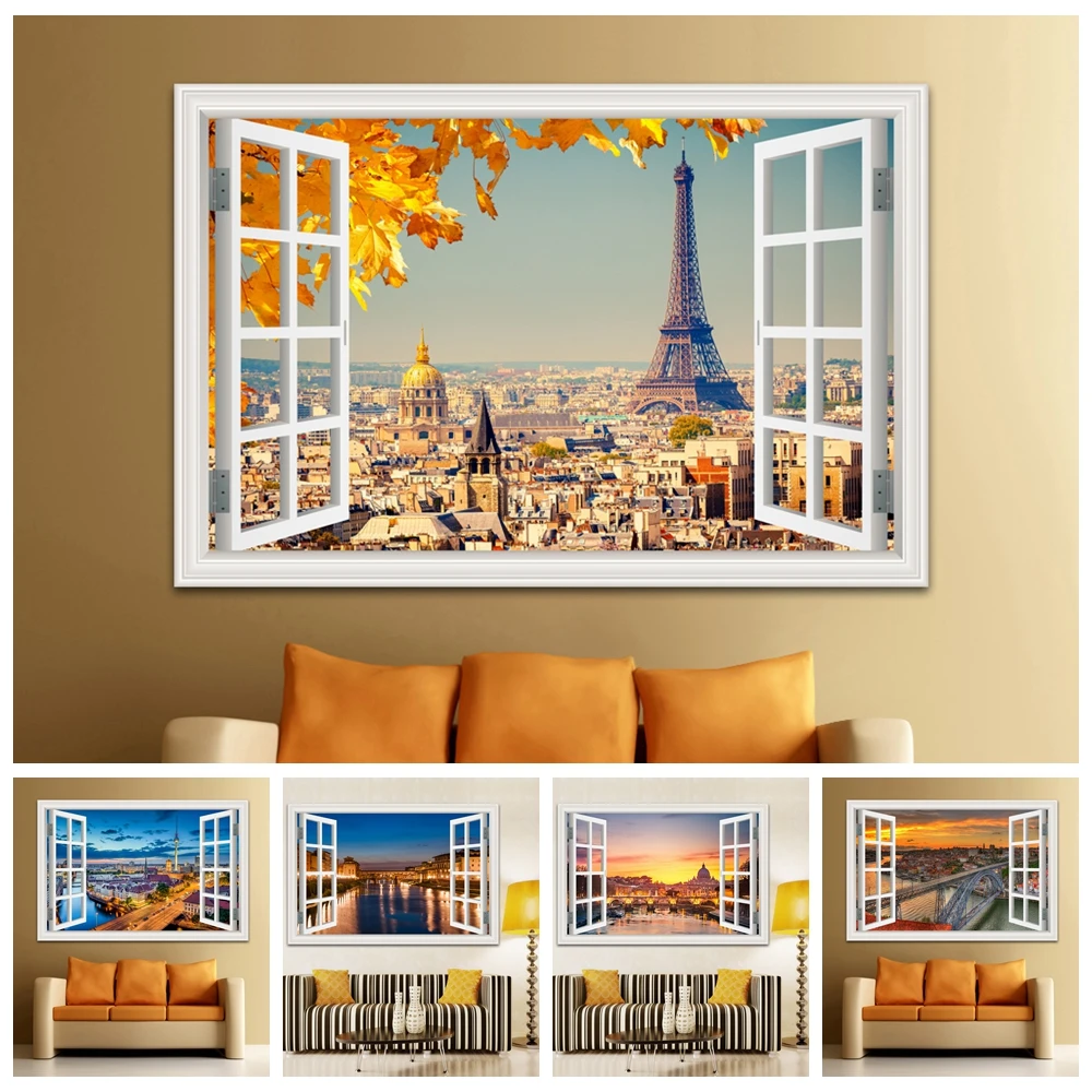 Sunset 3D Window View Wall Decal Sticker City Landscape Vinyl Decal ...