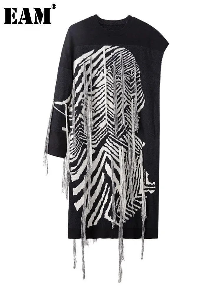EAM-Women-Knitting-Striped-Tassels-Big-Size-Dress-New-Round-Neck-Long ...