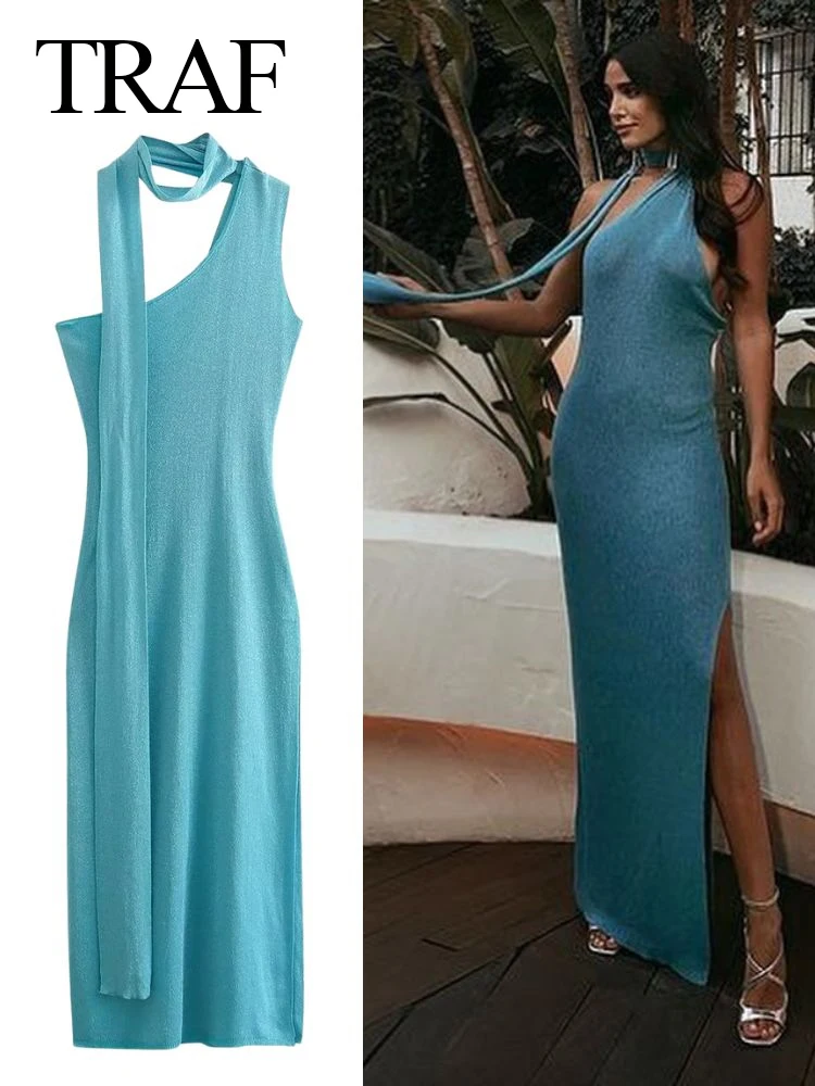 TRAF-Vestido-largo-de-punto-para-mujer-prenda-con-cuello-Halter-espalda ...