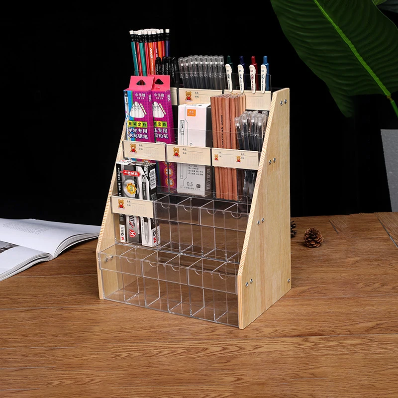 Clear-Wood-Pen-Holder-Stationery-Store-Storage-Rack-Brush-Case-Display ...