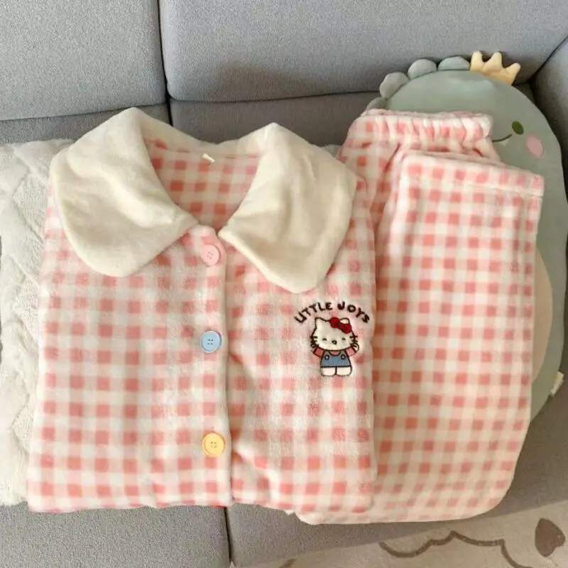 Sanrio Hello Kitty Women's Thickened Flannel Pajamas Set Pink Plaid ...