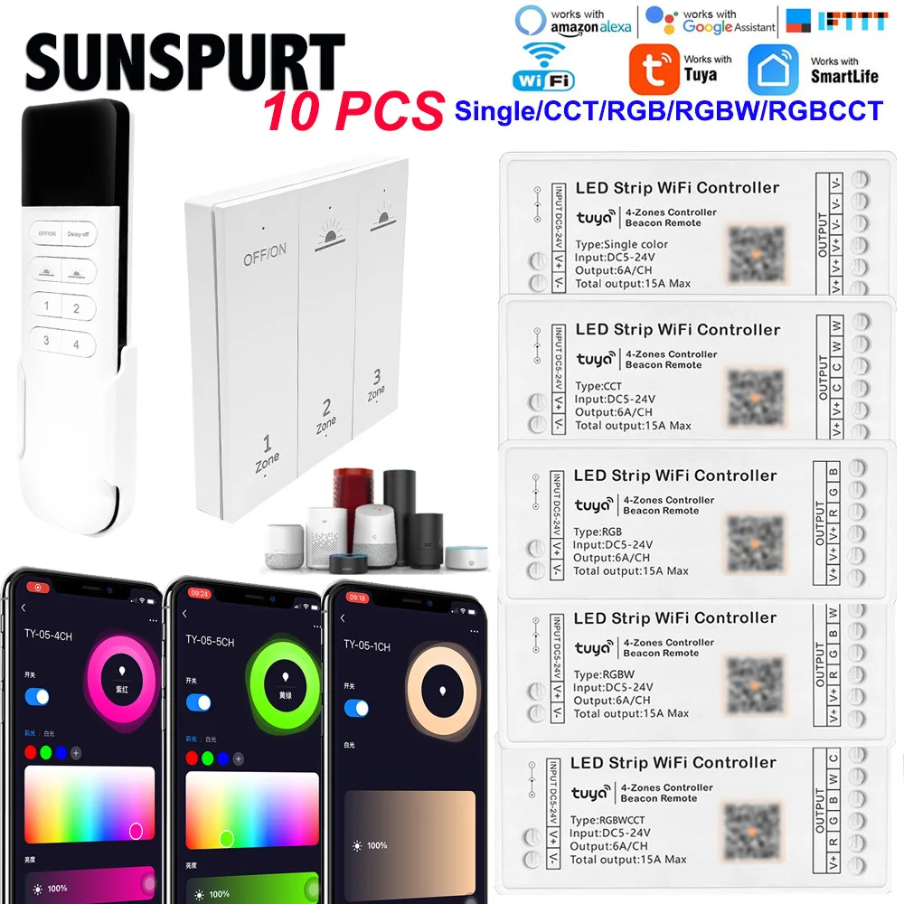 wifi tuya led cct controller 4 zone 2.4G beacon remote 5v 12v 24v 6A ...