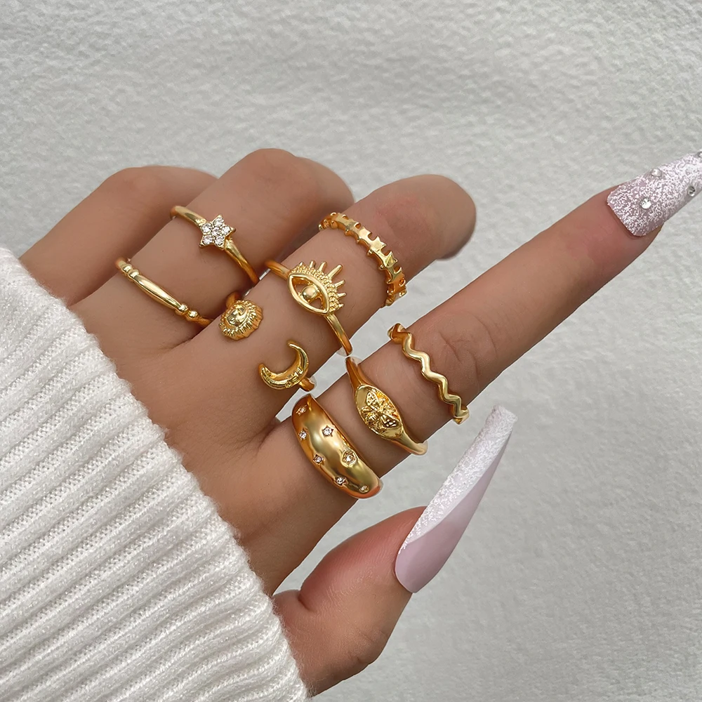 Aprilwell-8-Pcs-set-Ethnic-Style-Multi-element-Rings-Set-for-Women-Gold ...