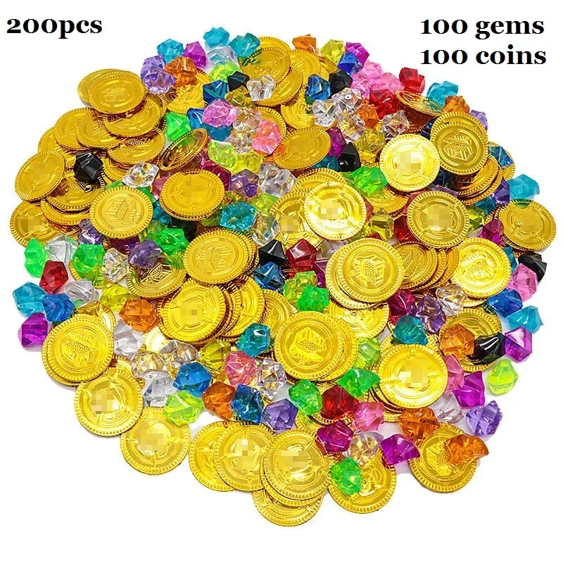100pcs-Gold-Coin-and-100-Pieces-Gem-Jewelry-Treasure-Toy-Pirate-Themed ...