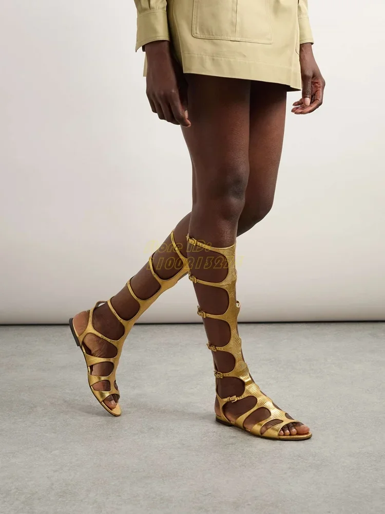 Gold Knee High Flat Shoes Multi-Buckle Strap Round Toe Hollow Summer ...