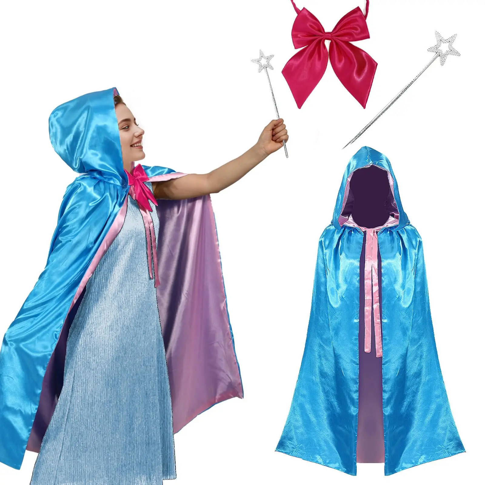 Fairy Godmother Costume for Women Blue Hooded Cloak with Pink Bow Tie ...
