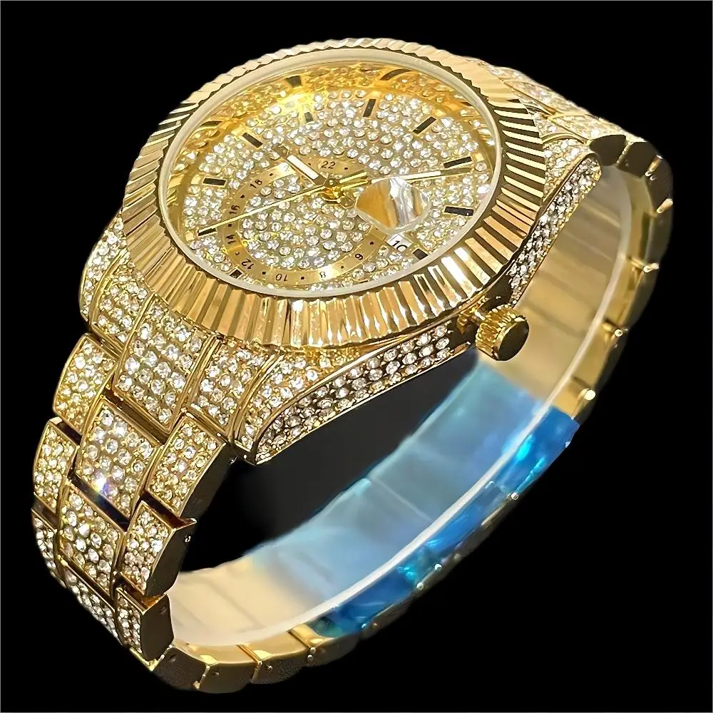 2023 Luxury Gold Watch Men Automatic Date Stainless Steel Quartz Clocks Fashion Full Iced ...