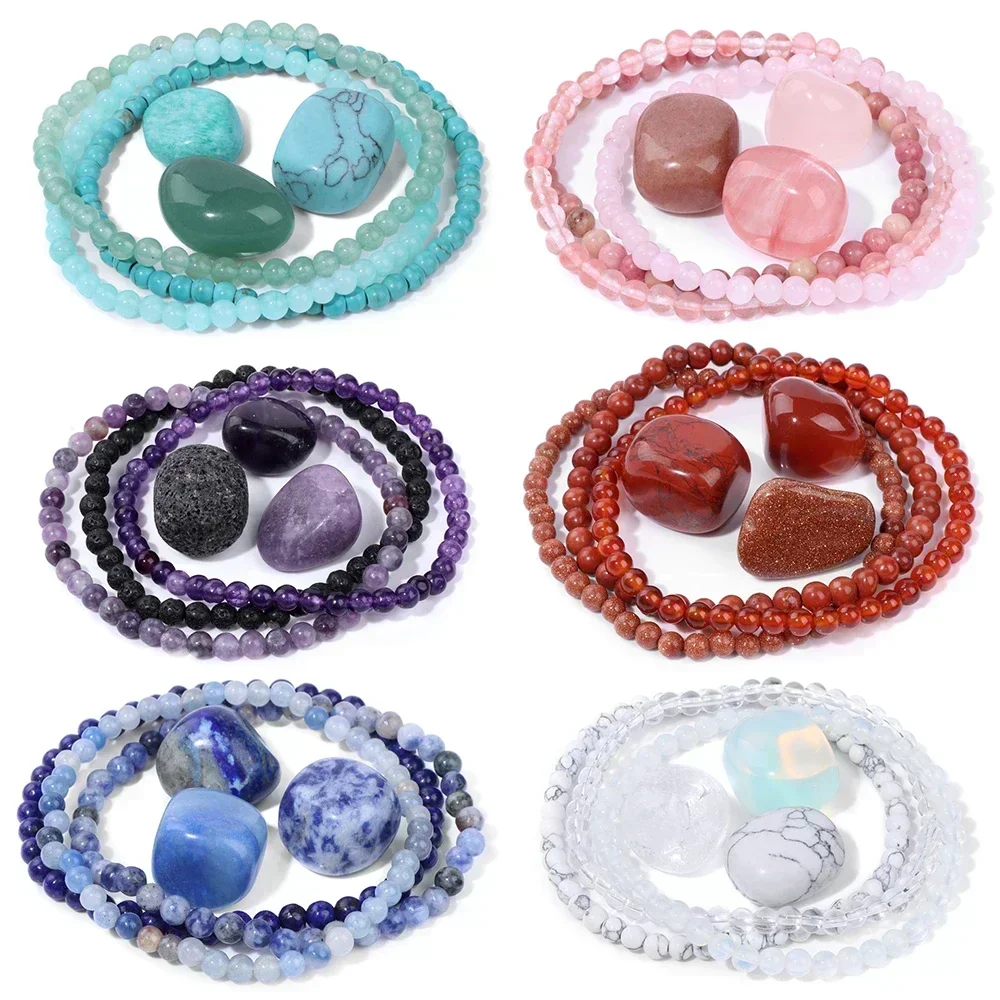 4mm Natural Stone Beads Bracelet With 3pcs Stones Rose Quartzs ...