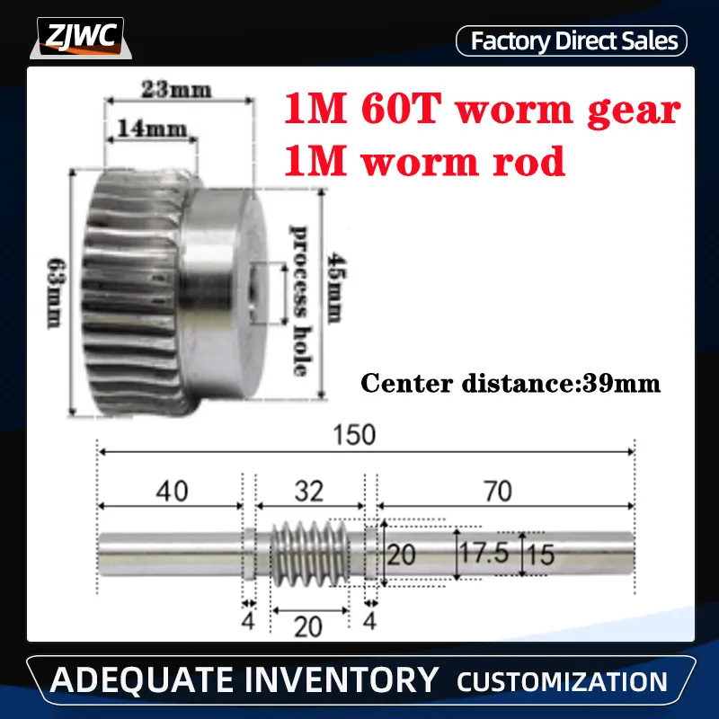 1pcs-1-Modulus-60-Teeth-reducer-worm-gear-Process-hole-and-1M-worm-rod ...