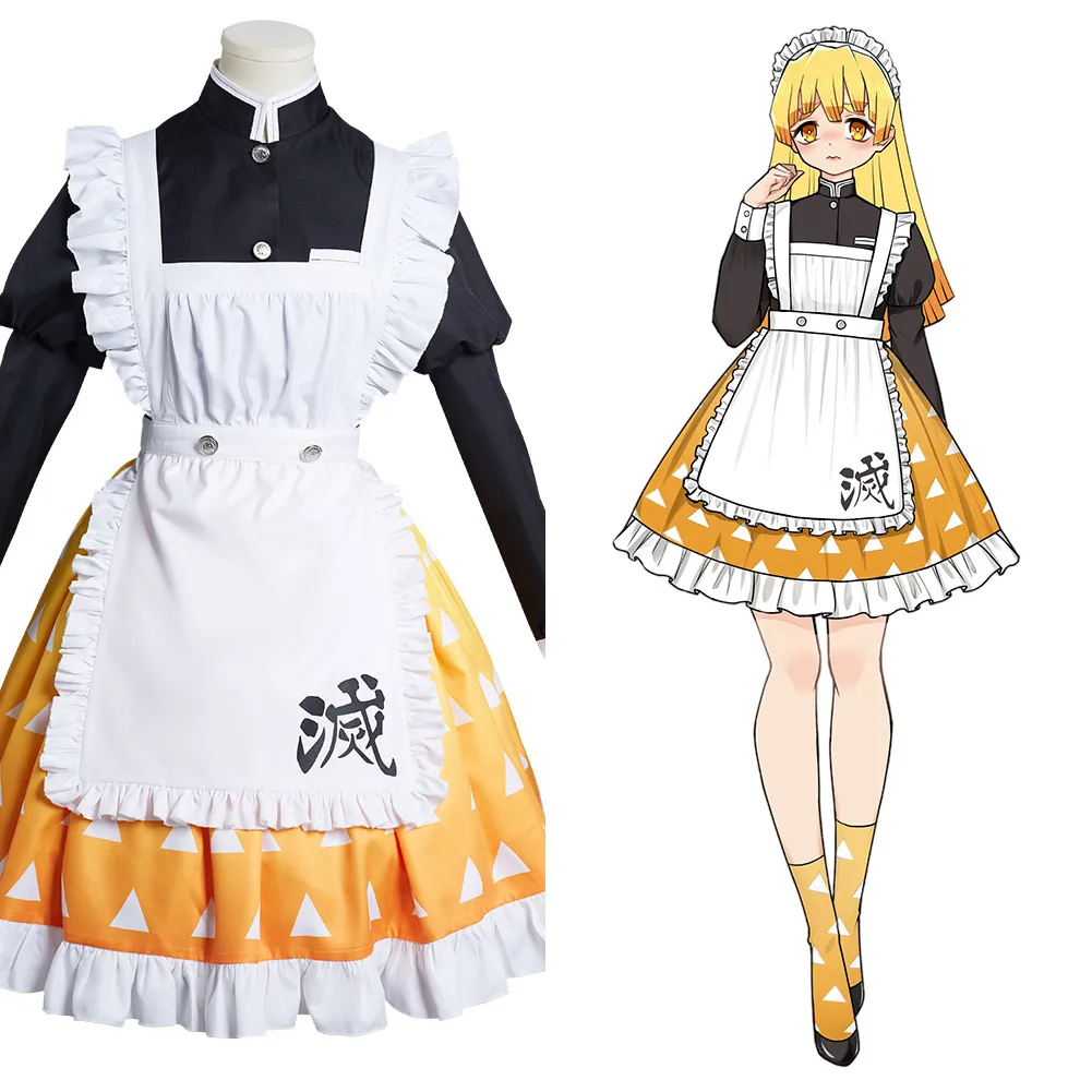 Demon Slayer Agatsuma Zenitsu Cosplay Costume Maid Dress Outfits ...