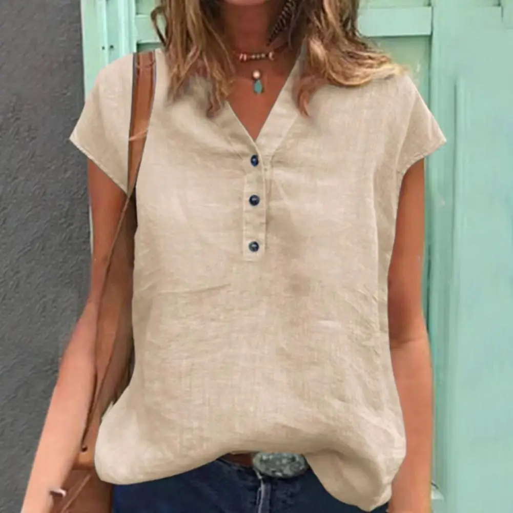 Blusa de lino y algodón con cuello en V para mujer, blusa de verano de ...