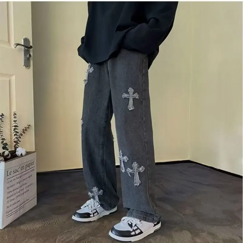 Cross Embroidery Y2k Jeans Mens Straight Denim Pants Casual Vintage ...