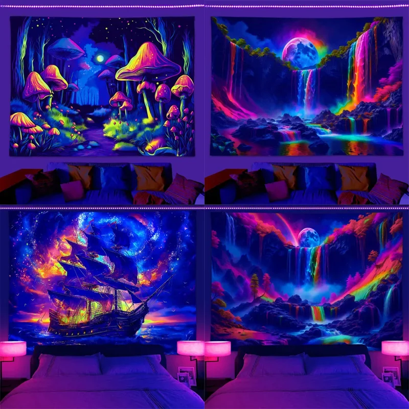UV reactive fluorescent tapestry natural landscape waterfall tapestry ...