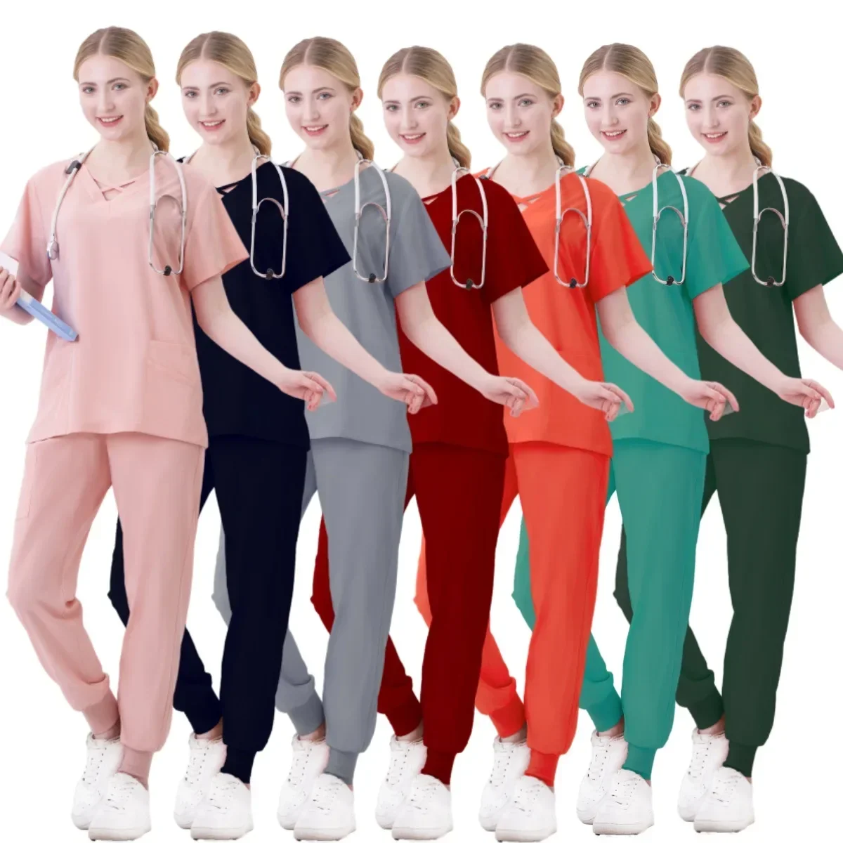 Hospital-Doctor-Nursing-Uniform-Women-Wholesale-Casual-Short-Sleeved-V ...