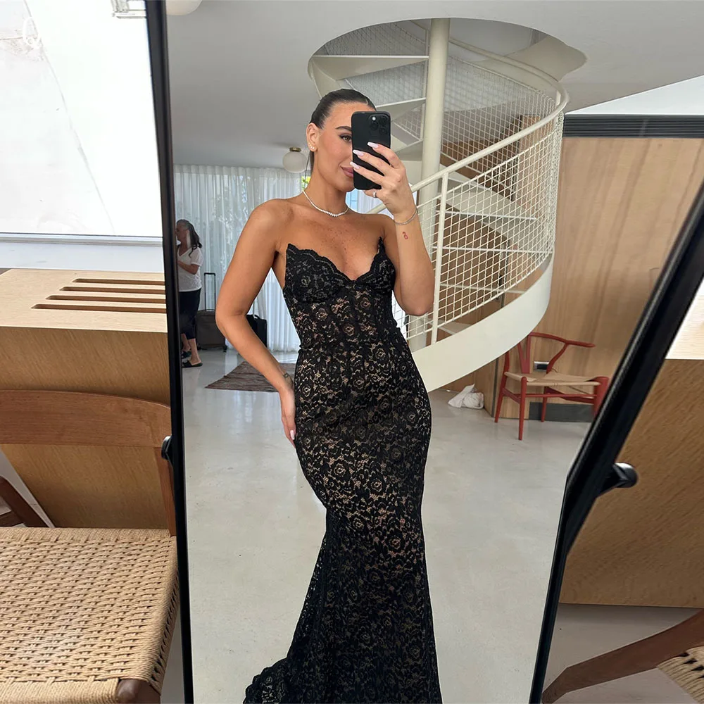 Qanz Modest Black Lace Evening Dresses Sweetheart Mermaid Flesh Colored ...