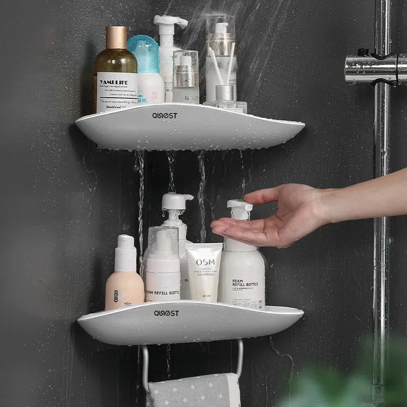 Wall-Mounted-Triangle-Storage-Rack-Bathroom-Shelf-with-Towel-Bar-Corner ...