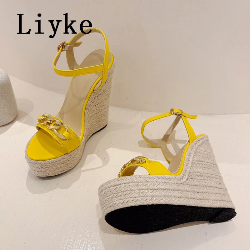 Liyke Handmade Straw Rope Weave Platform Wedge Sandals Women Summer