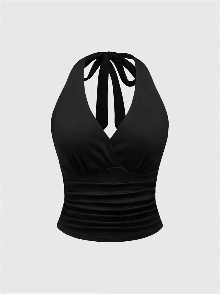 Solid V-neck Backless Halter Crop Top for Women Summer Sexy Y2K ...