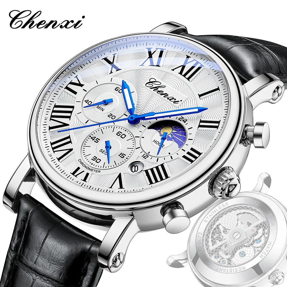 CHENXI-Watches-For-Men-Leather-Strap-Skeleton-Quartz-Sweep-Second ...