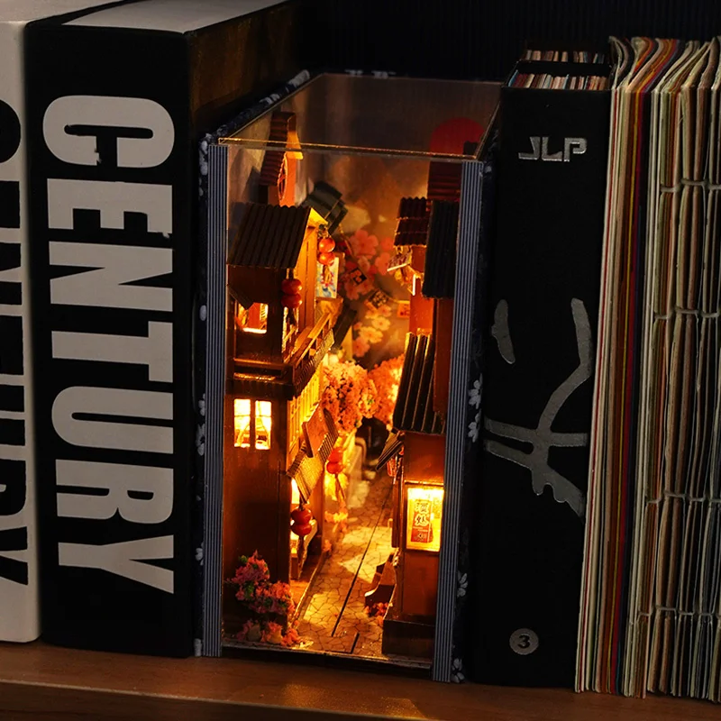 DIY Book Nook Shelf Insert Kits Miniature Dollhouse With Furniture Room Box Cherry Blossoms ...