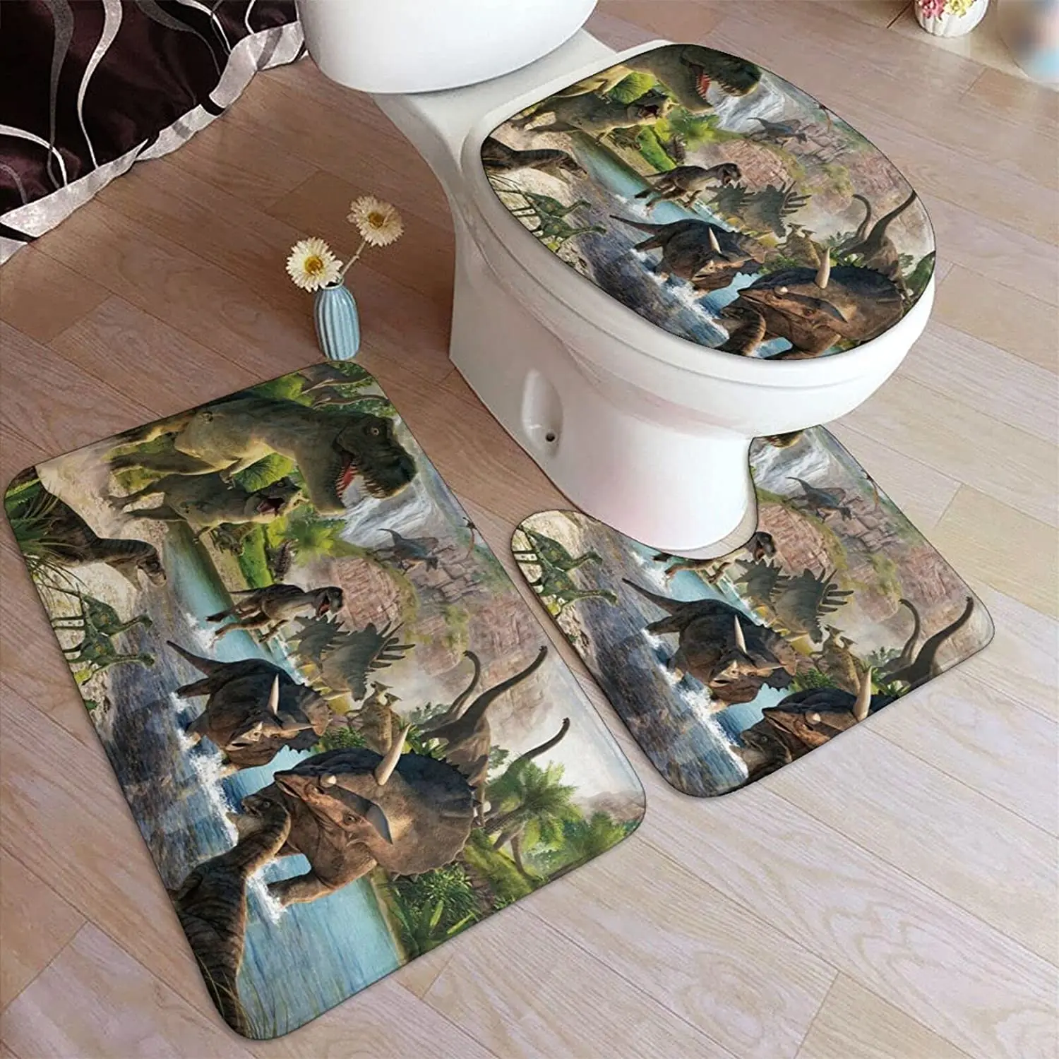 Bathroom-Rug-Mats-Set-3-Piece-Dinosaur-Garden-Forest-Soft-Comfort ...