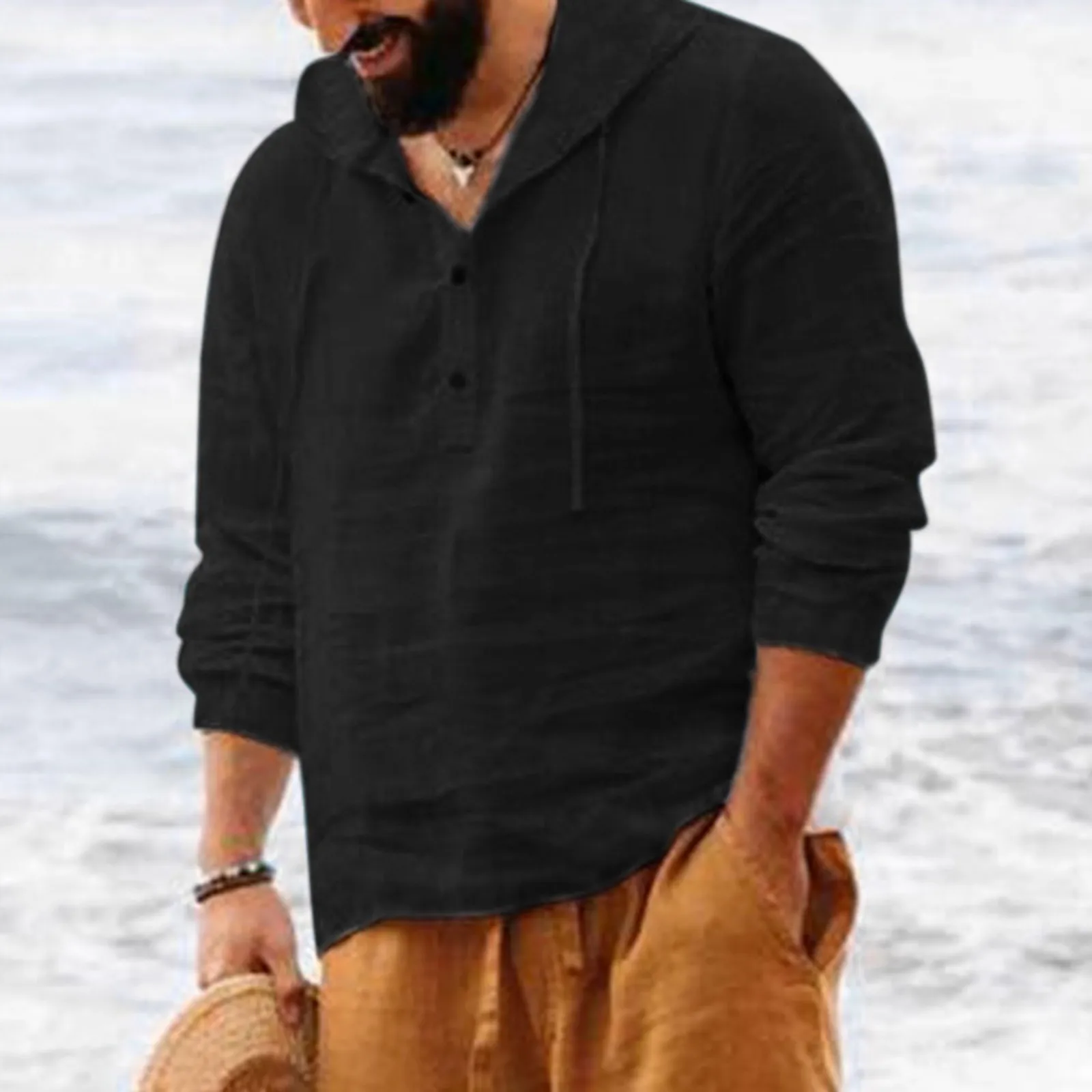 Men's Cotton Linen Shirt Loose Hooded Pullovers BlouseLong Sleeve ...