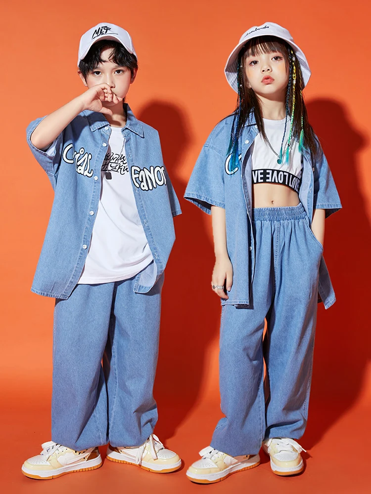 Children Hip Hop Dance Costume Denim Tops Pants Suit For Girls Jazz ...