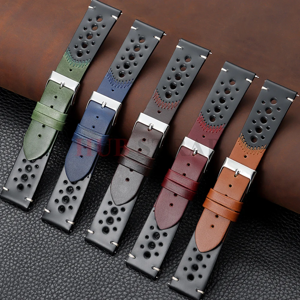 20mm 22mm Oil Wax Genuine Leather Breathable Watchband Bracelet Men ...