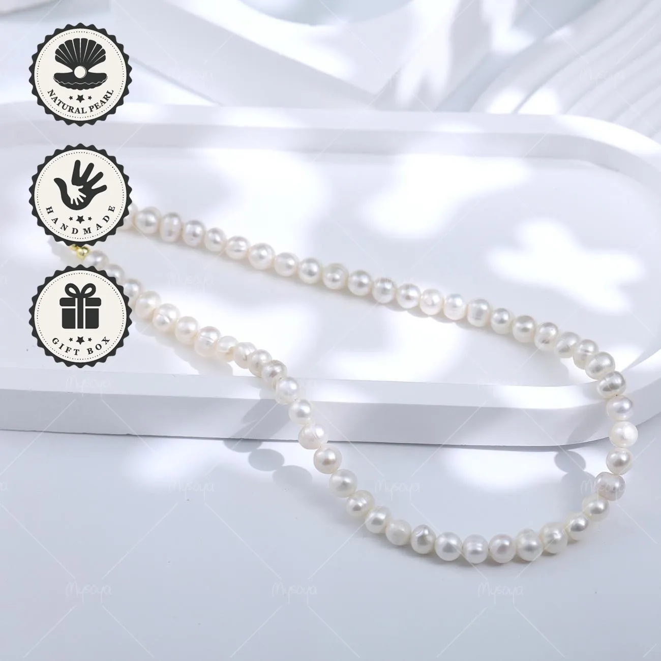 Mysoya White Freshwater Pearl Necklace 6–7mm Golden Ball Clasp With ...