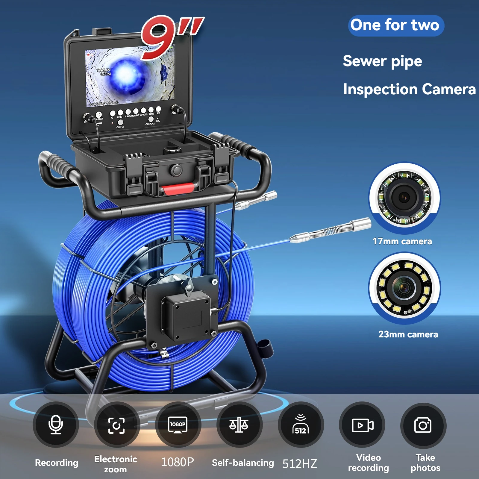 17/23mm 9-inch IPS 1080P Industrial Pipe Endoscope with Dual HD Cameras ...