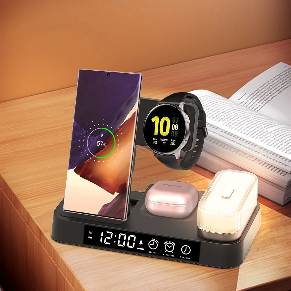 OIMG 접이식 무선 충전기 스테이션 스탠드, RGB 야간 조명 시계, 샤오미 아이폰 14, 14 프로, 애플 워치 에어팟, 3 ...