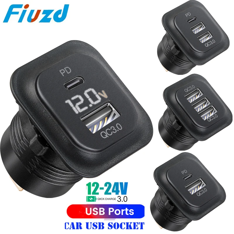 12v car usb charger fast charge Outlet Socket With Voltmeter Quick ...