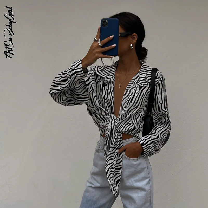 Cropped-Shirt-Lace-Up-Long-Sleeve-Top-Woman-Fashion-Zebra-Print ...